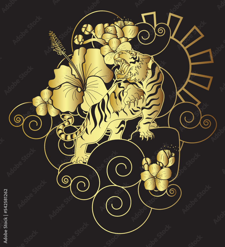 Doodle art style tiger face with cherry flower and rising sun tattoo ...