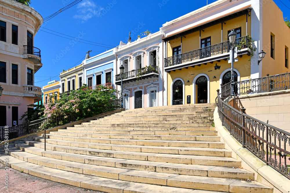 Stone staircase leading to historic colonial buildings in downtown Old ...