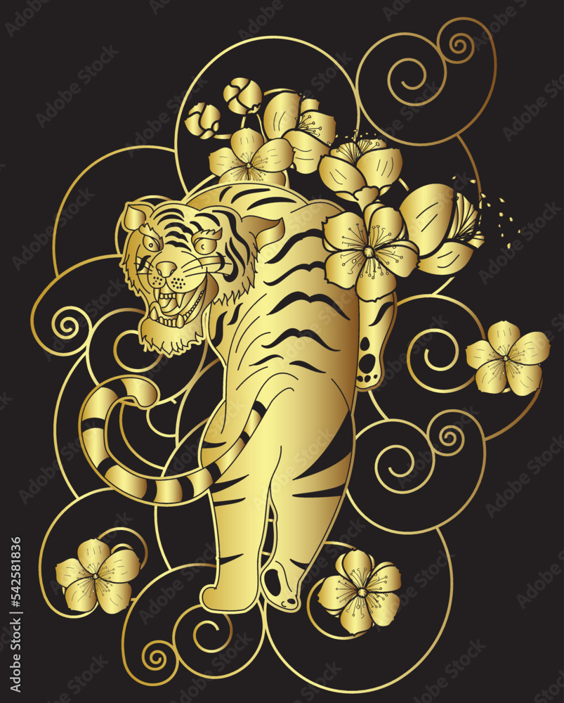 Doodle art style tiger face with cherry flower and rising sun tattoo ...