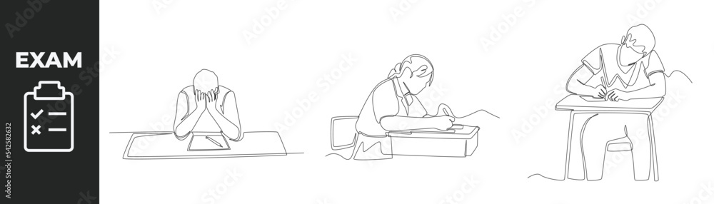 Single one line drawing exam preparation set concept. Boy student ...