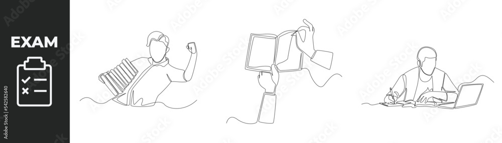 Single one line drawing exam preparation set concept. Young Students ...