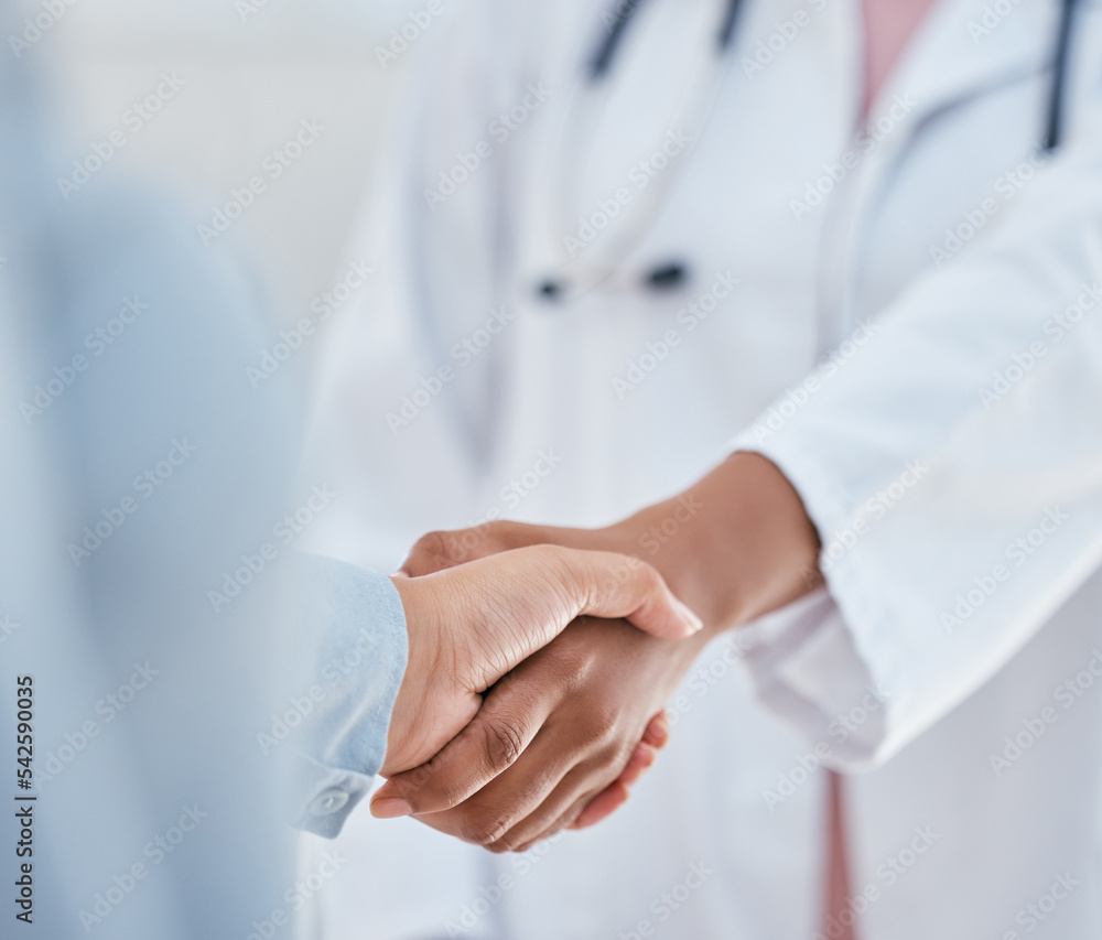 Handshake, trust and thank you with patient and doctor or medical ...