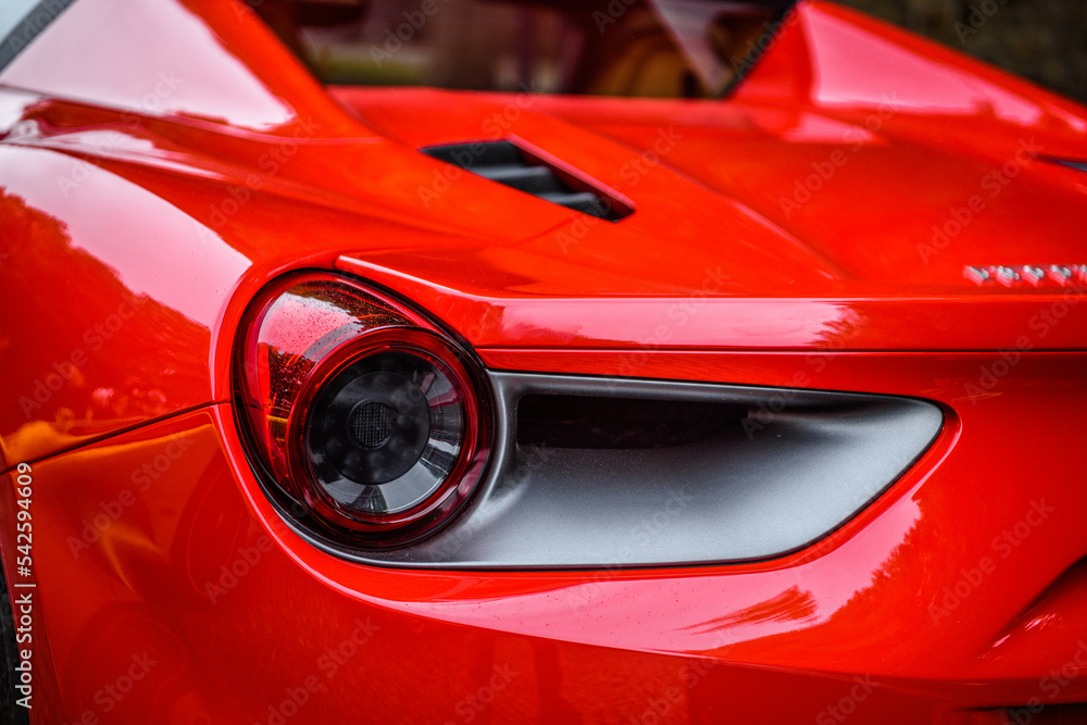 GERMANY, FULDA - JUL 2019: rearview lights of red FERRARI 488 SPIDER ...
