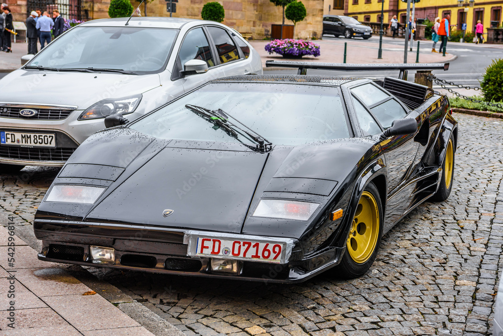 GERMANY, FULDA - JUL 2019: black LAMBORGHINI COUNTACH is a rear mid ...
