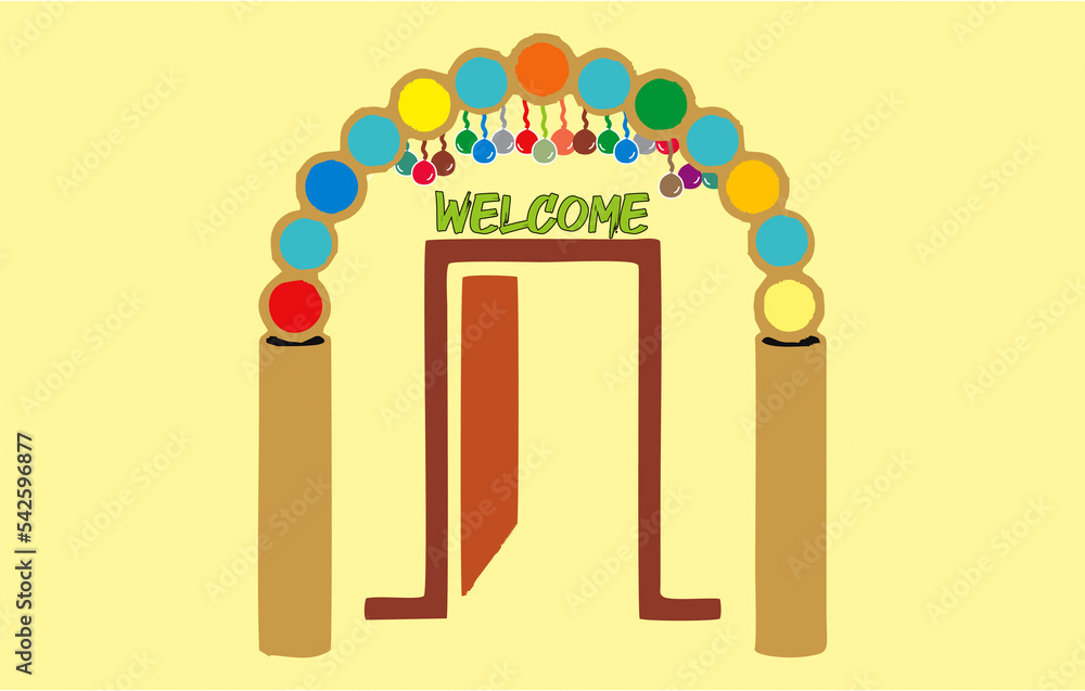 Cartoon illustration of open door welcome decorated entrance. Freedom ...