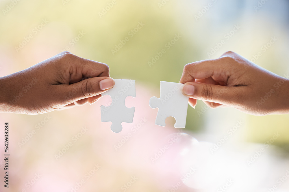 Puzzle, hands and businesspeople connected for company merger and ...