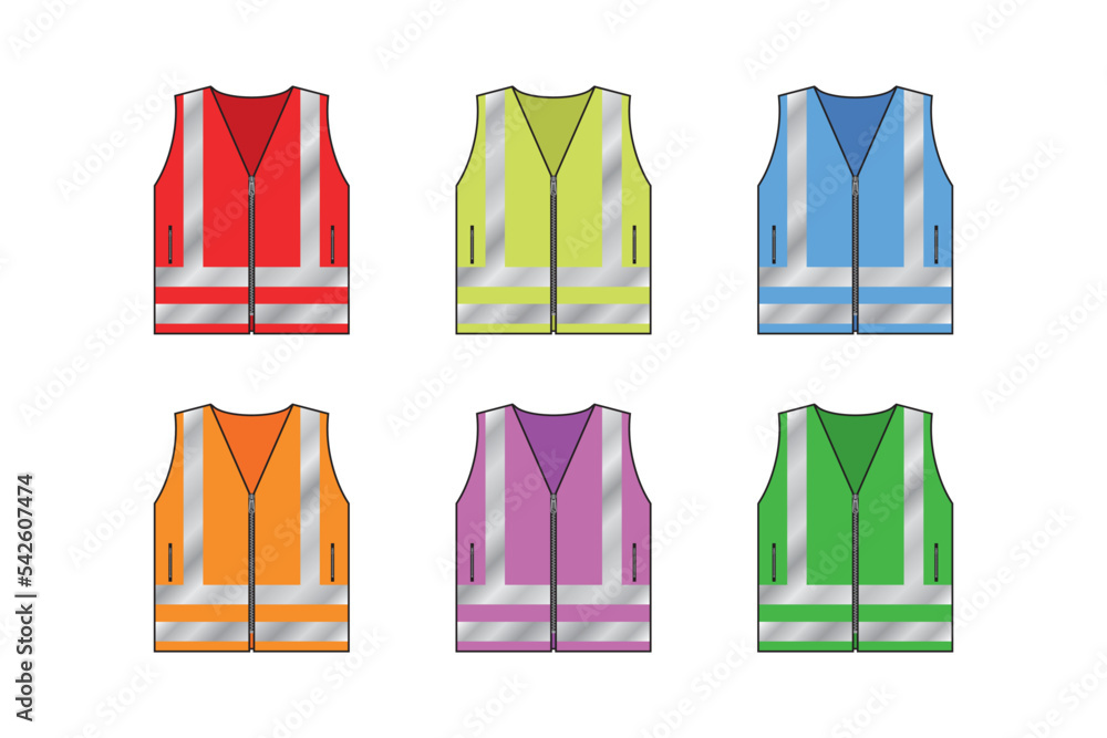 Set of safety reflective vest. Collection of various color fluorescent ...
