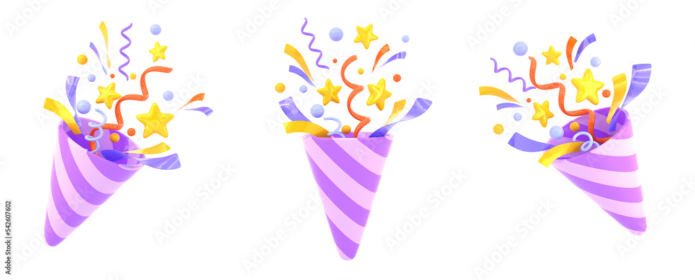 Striped firecracker with flying confetti front and angle view. Cartoon ...