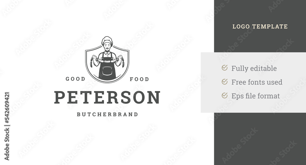 Man butcher holding natural sausage vintage heraldic shield logo design ...