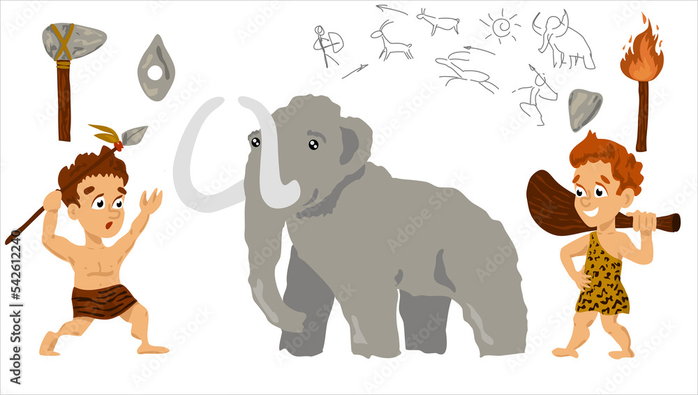 Prehistoric stone age set, primitive people, stone age weapons and ...