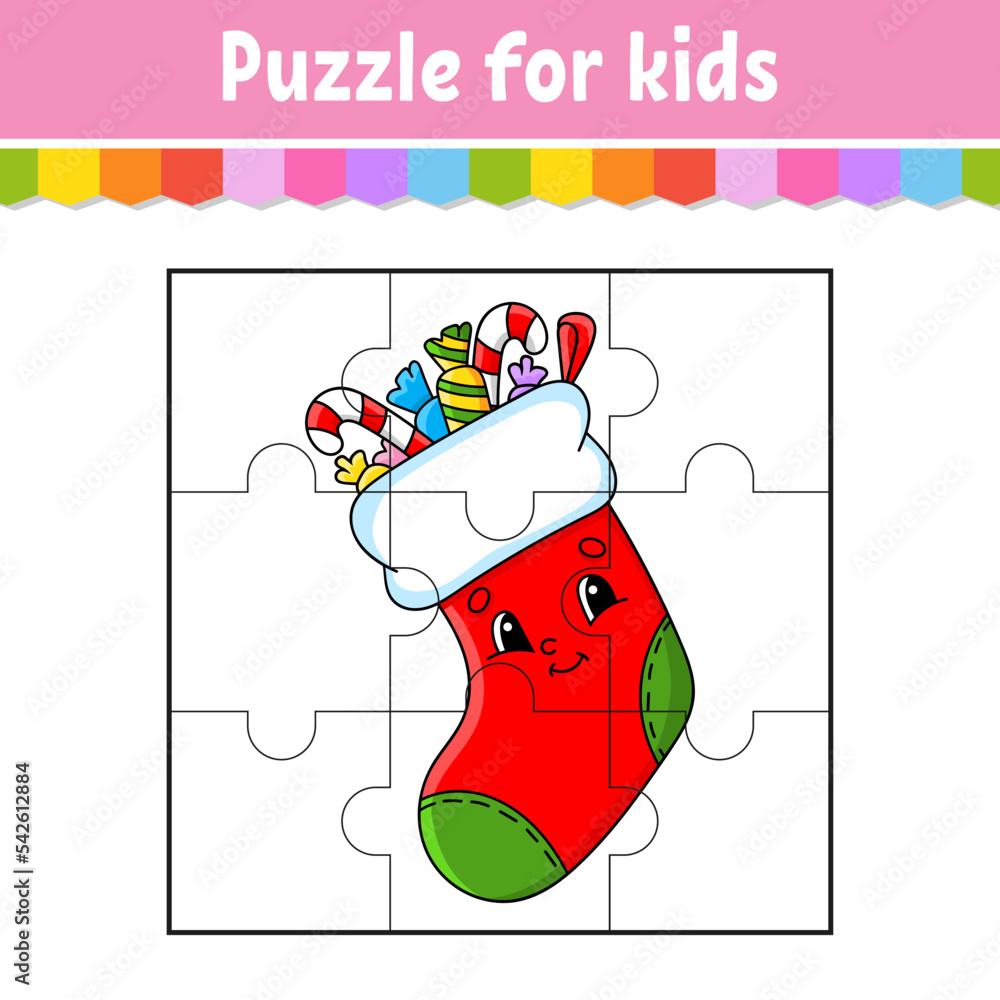 Puzzle game for kids. Jigsaw pieces. Color worksheet. Christmas theme ...