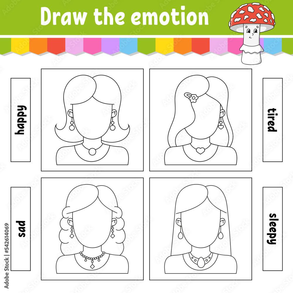 Draw the emotion. Worksheet complete the face. Coloring book for kids ...