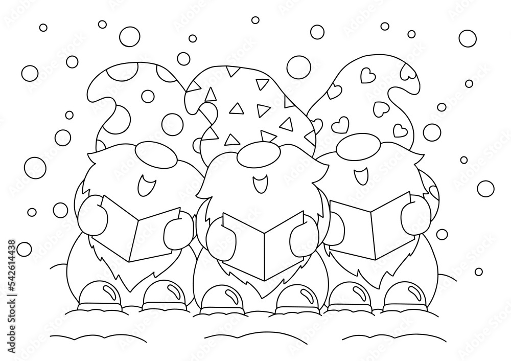Merry gnomes sing a Christmas song. Coloring book page for kids ...