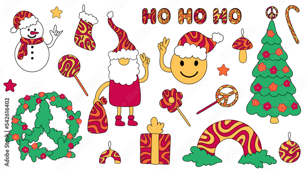 Groovy hippie Christmas stickers with wave pattern: baubles, rainbow ...