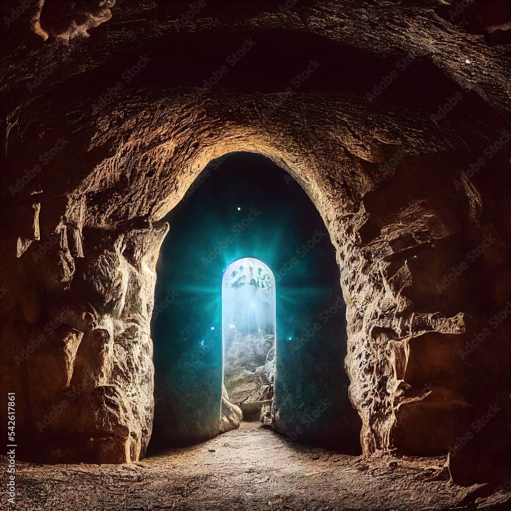 Fantasy shining portal stone arch in mountain cave. Magic gate entrance ...