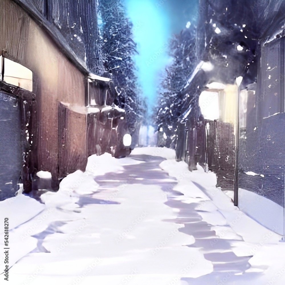 snow covered alley street 2D anime Background Stock Illustration ...