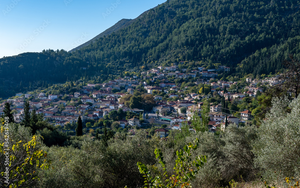 A view of Karya. A mountain village in Lefkada island, Greece, known ...