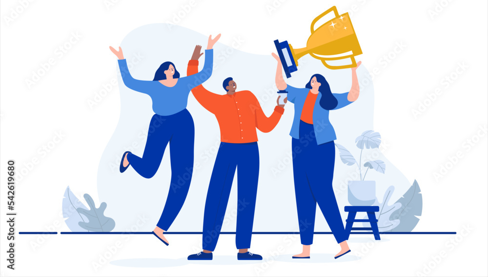 Winning team - People cheering and celebrating winning trophy cup in ...