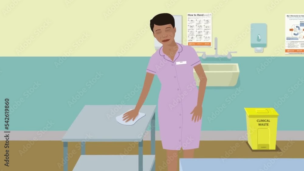 Nurse cleaning hospital table animation. Female cartoon cleaning table ...