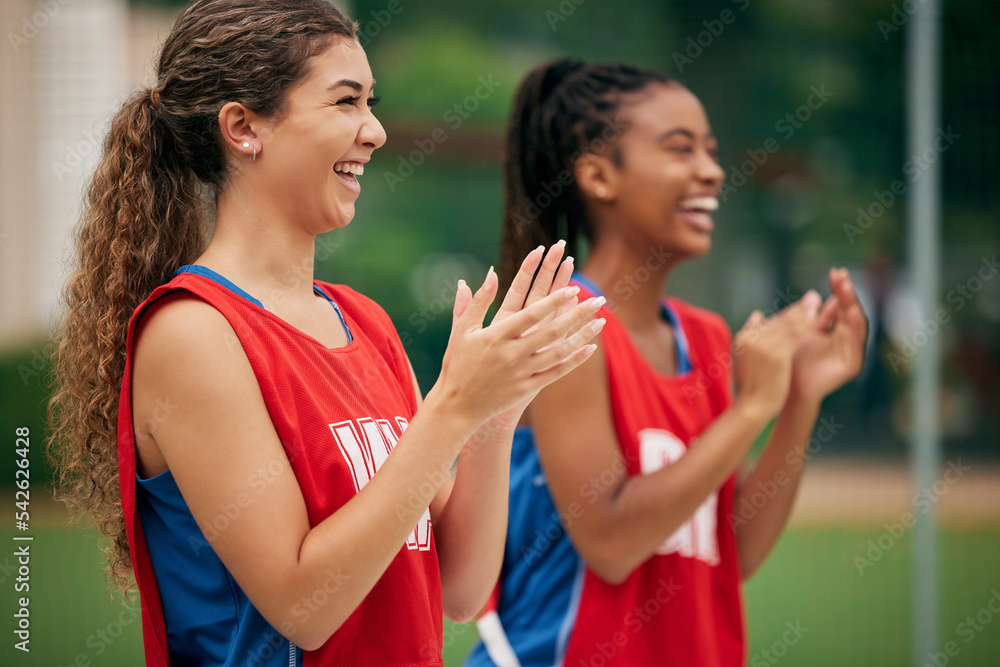 Celebrate, support and netball team clapping hands during training for ...