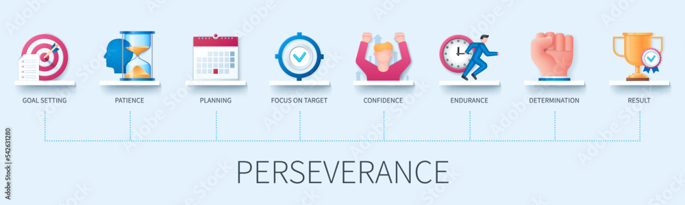 Vetor de Perseverance banner with icons. Goal setting, planning, focus ...