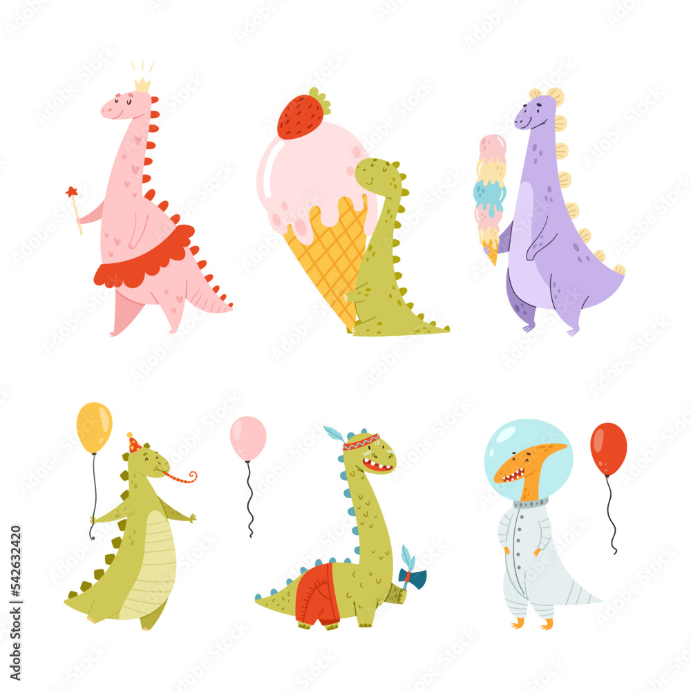 Funny dinosaurs eating ice cream and walking with inflatable balloons ...