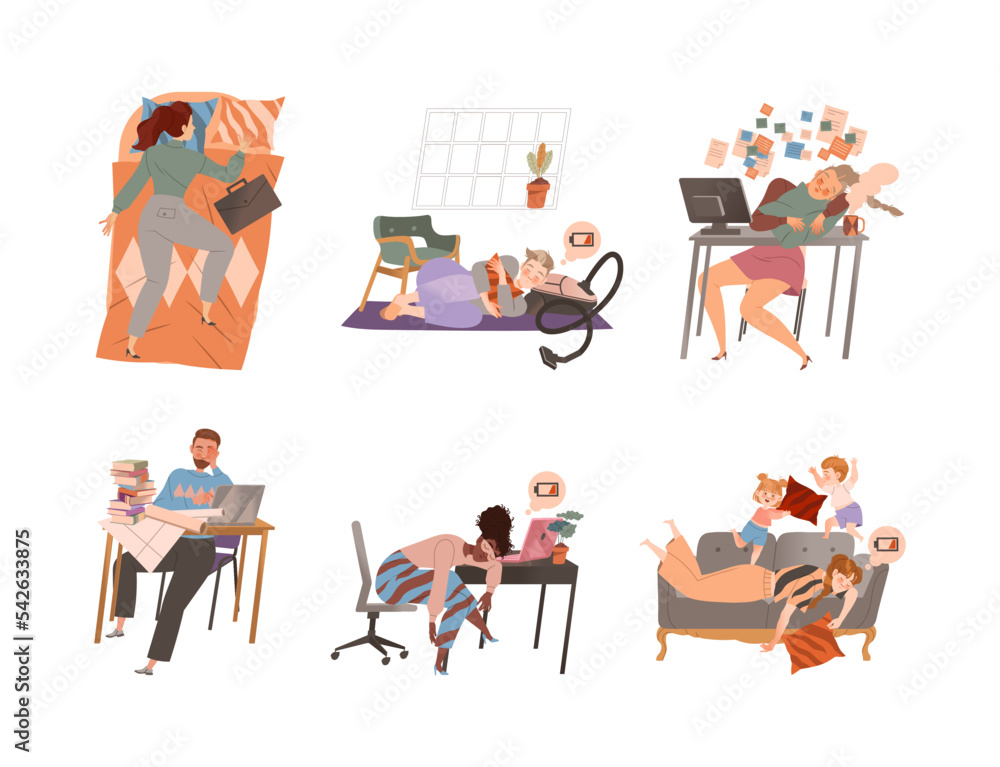 Exhausted tired people set. Professional burnout syndrome. Stressed ...