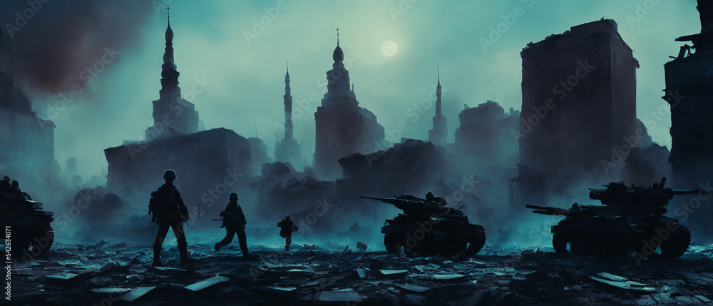 Concept illustration of a destroyed city after war, background ...