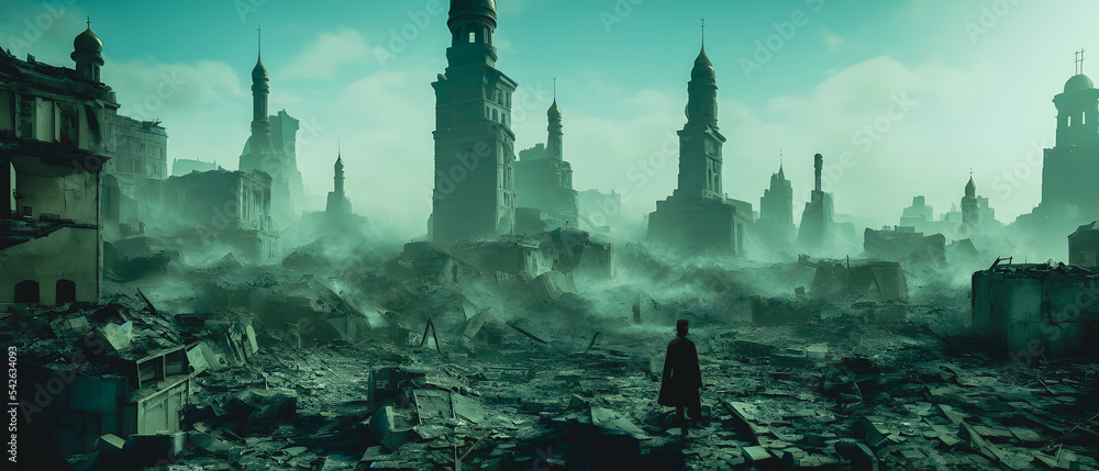 Concept illustration of a destroyed city after war, background ...