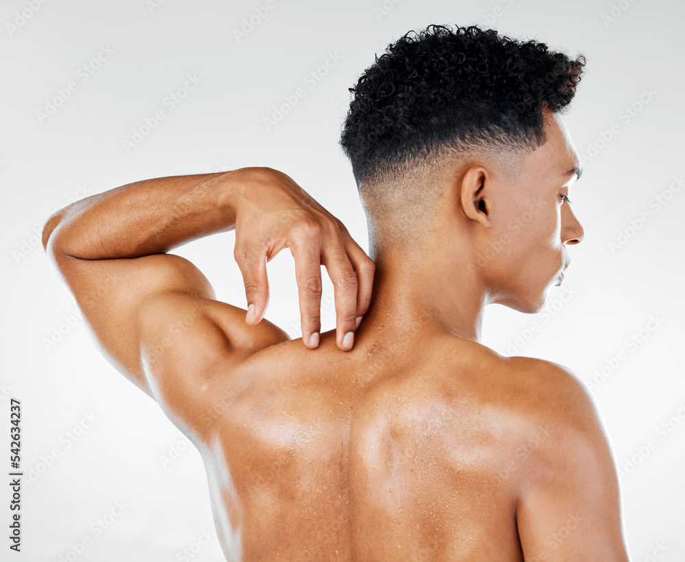 Skincare, back muscle of man and strong for wellness, being confident ...