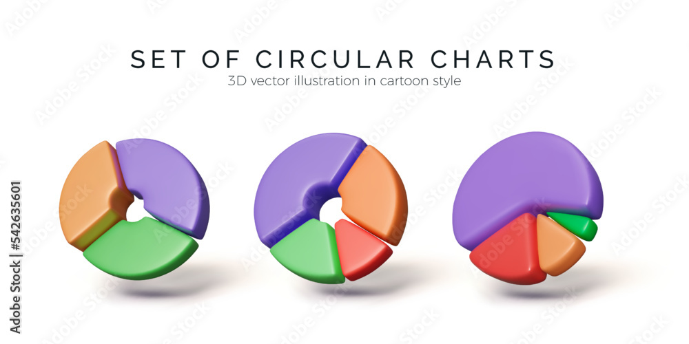 Pie charts icons. Set of 3D circular graphs. Render round diagram for ...
