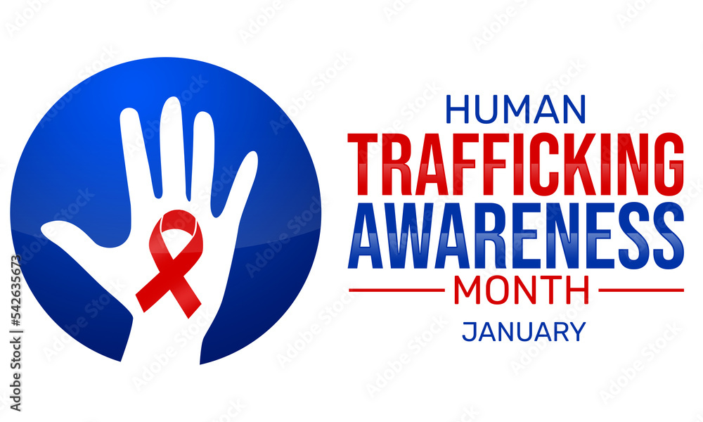 Human Trafficking Awareness Month background with ribbon and hand sign ...