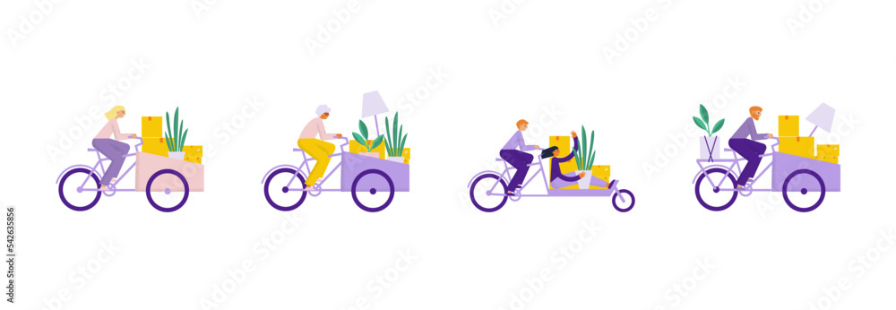 People moving by cargo bikes set. Men and women on bicycles carry ...