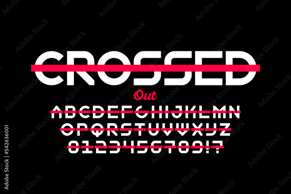 Crossed out style font design, alphabet letters and numbers vector ...