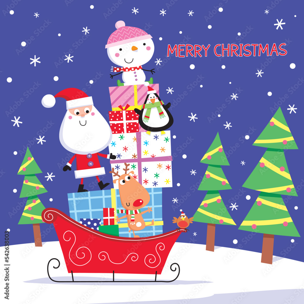 Christmas card cartoon design of Santa, Rudolph the red-nosed reindeer ...