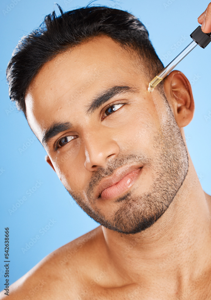 Face serum, model and skincare of a man from Spain with perfect skin ...