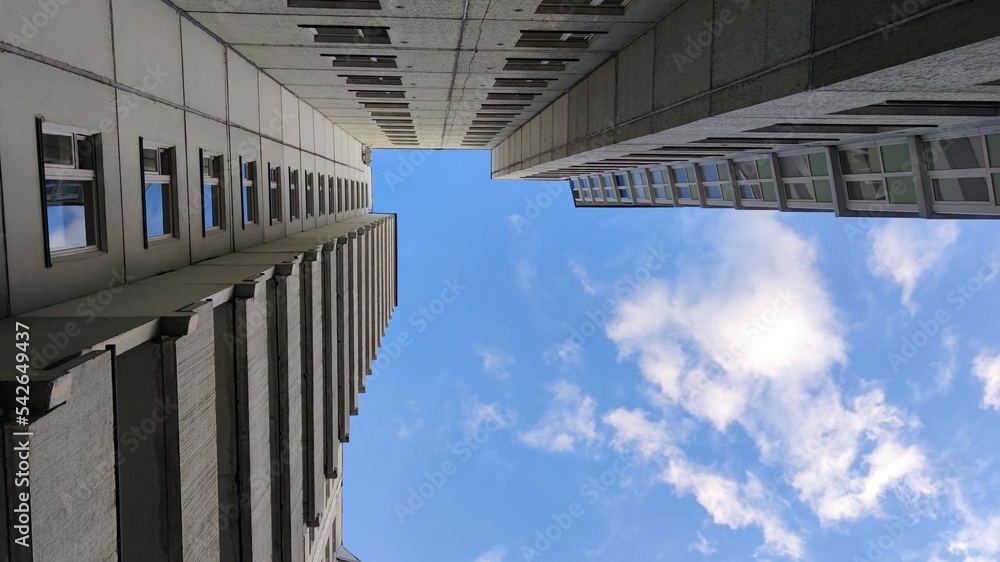 Corner of a high-rise building from rectangular lines. The light green ...