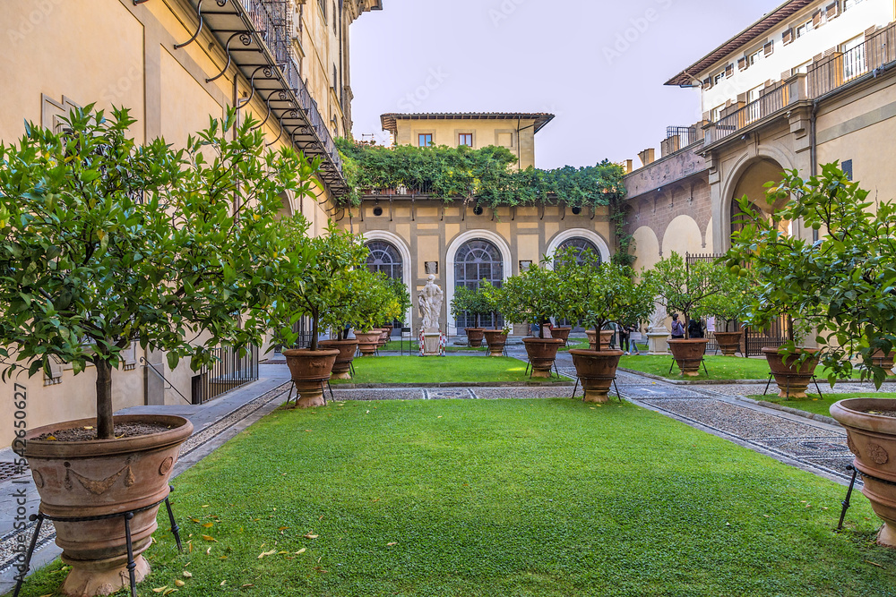 Florence, Italy. Courtyard with lemon trees and sculptures of Palazzo ...