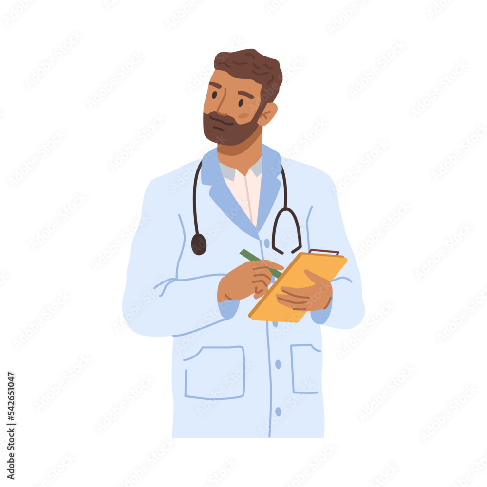 Medical worker with stethoscopes writing down prescriptions or patients ...