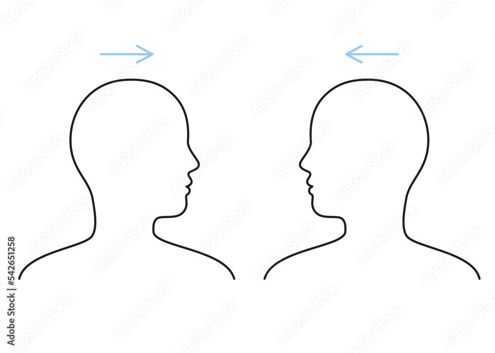 Exercise on stretch muscles of neck, turn head, line sign. Active ...