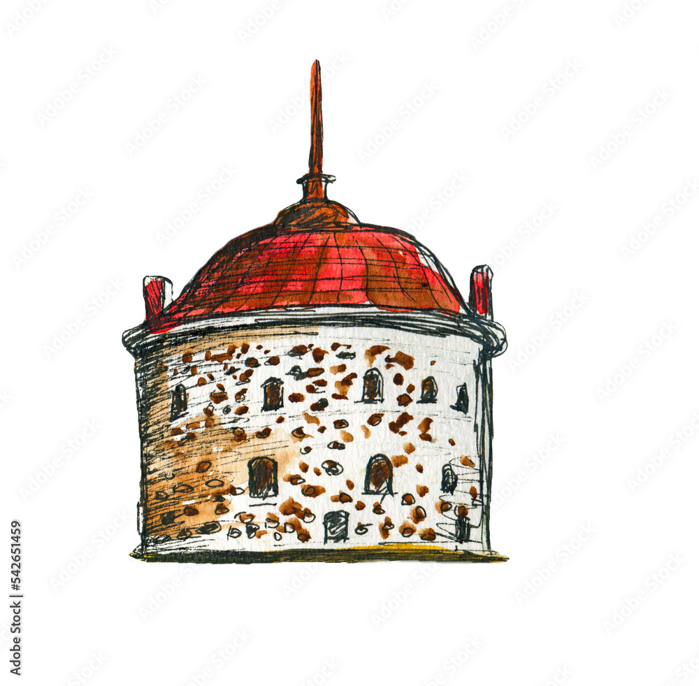 Round tower illustration on white background. Architectural drawing of ...