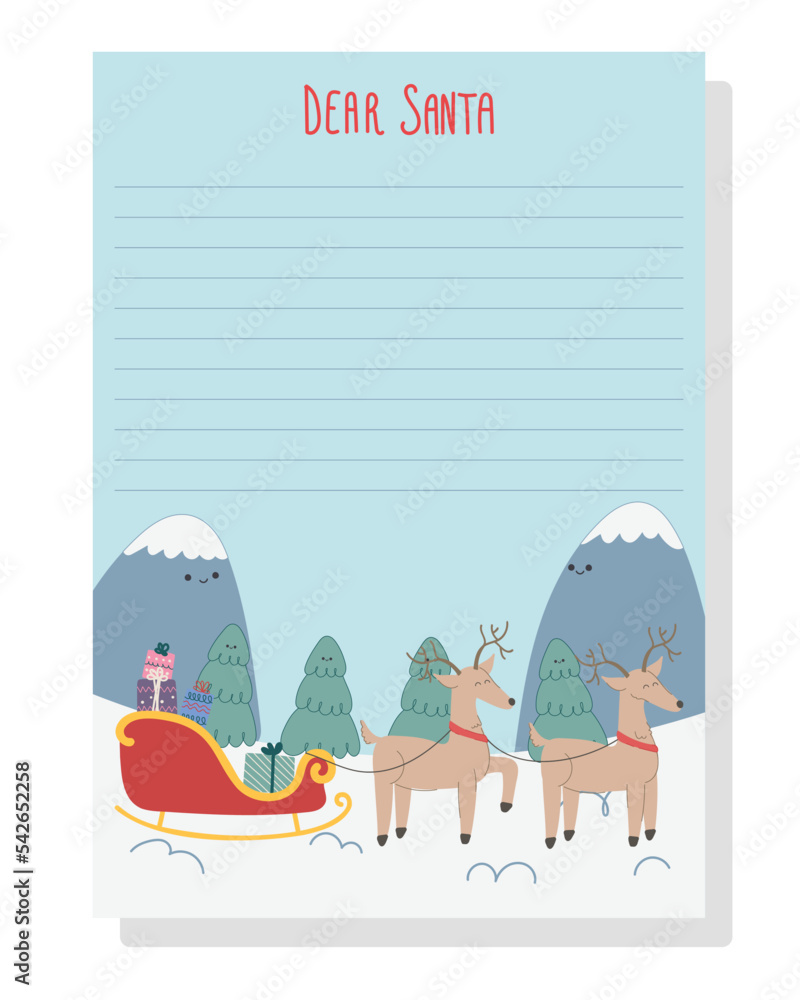 Cute christmas letter template with deer and sleigh in mountains vector ...