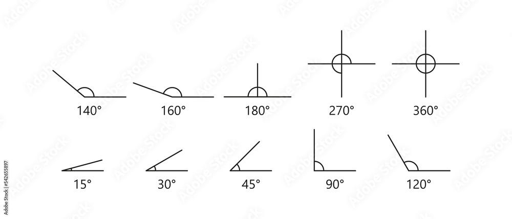 Geometric angles. Vector illustration. Degrees, 30, 35, 45, 60, 90, 120 ...