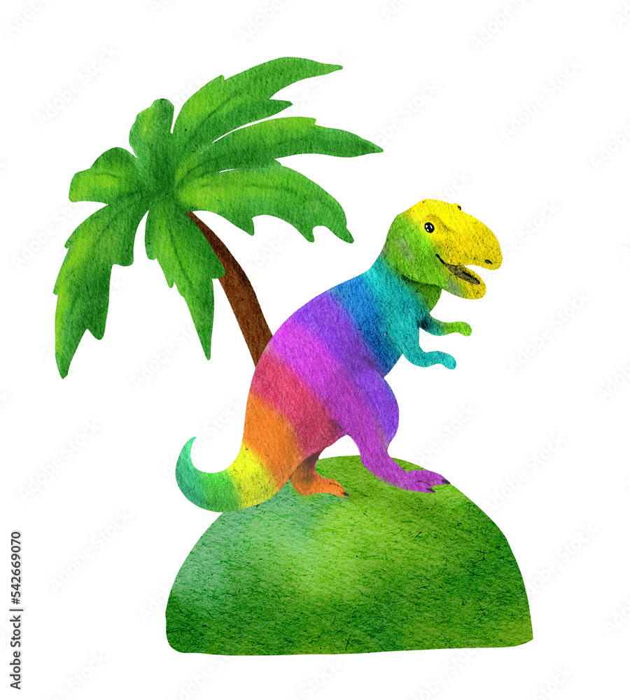 Cartoon rainbow t rex dinosaur on island land with palm tree. Funny ...