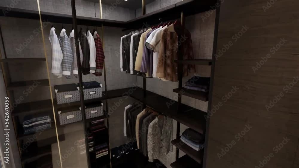 3d visualization walkthrough of closet and wardrobe. Architectural ...