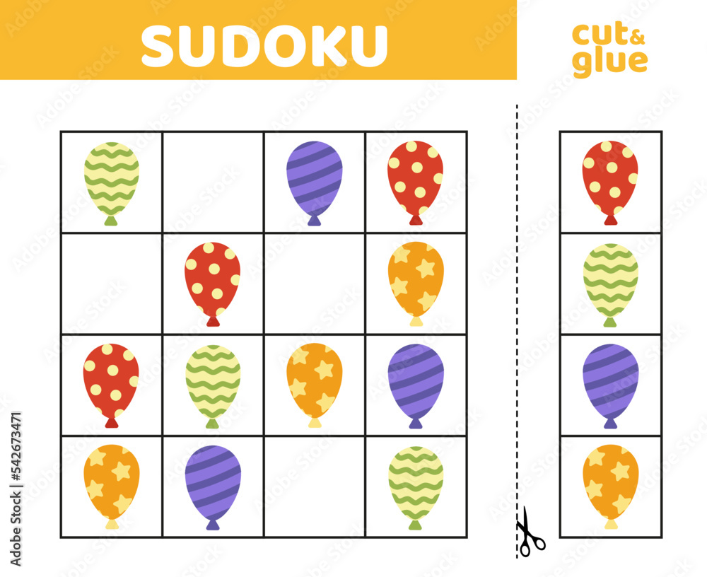 Sudoku for kids with balloons. Sudoku for kids. Cut and glue. Cartoon ...