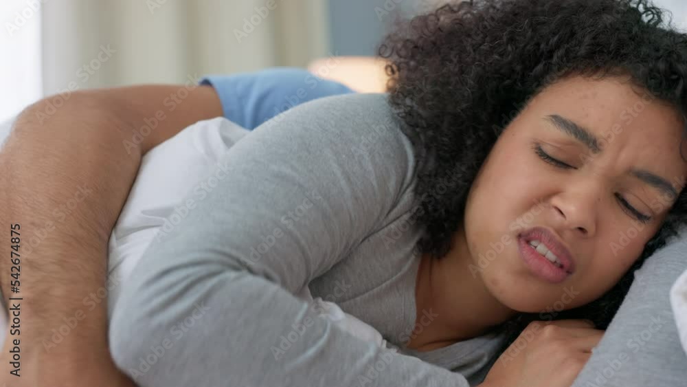 Annoyed, angry and bed with an upset black woman in the bedroom with ...