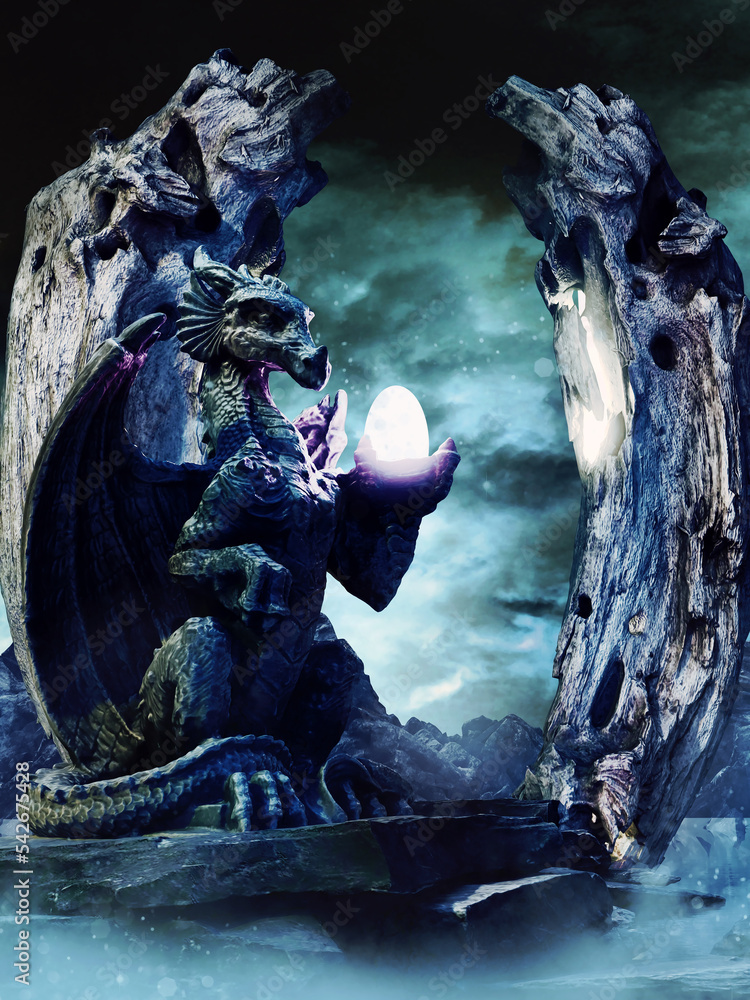 Foggy landscape with a blue dragon statue and a stone arch. 3D render ...