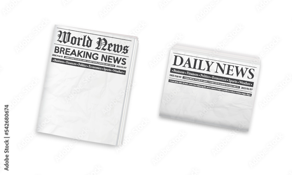 Black and white folded newspaper mockup. Blank background for news page ...