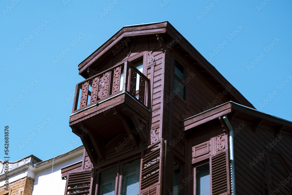 Beautiful view with old wooden house and blue sky in Arnavutkoy ...